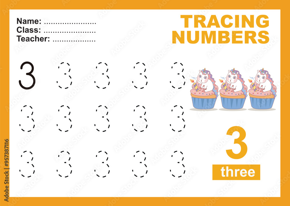 Trace and write number for children. Exercise for children to recognize ...