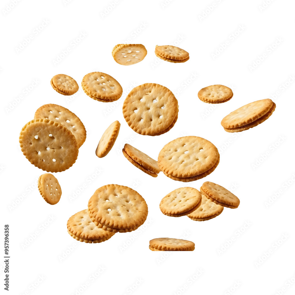 Delicious Circle Salty Crackers in Mid-Air, Isolated on a Transparent ...