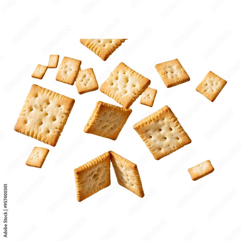 Flying square salty crackers, meticulously isolated on a transparent ...