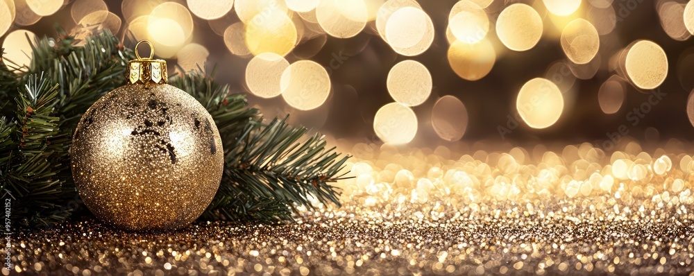 Christmas party scene with elegant gold glitter and blurry lights in ...