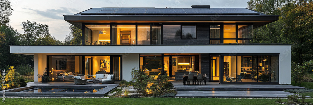 A modern two-story house with large windows and a swimming pool. The ...
