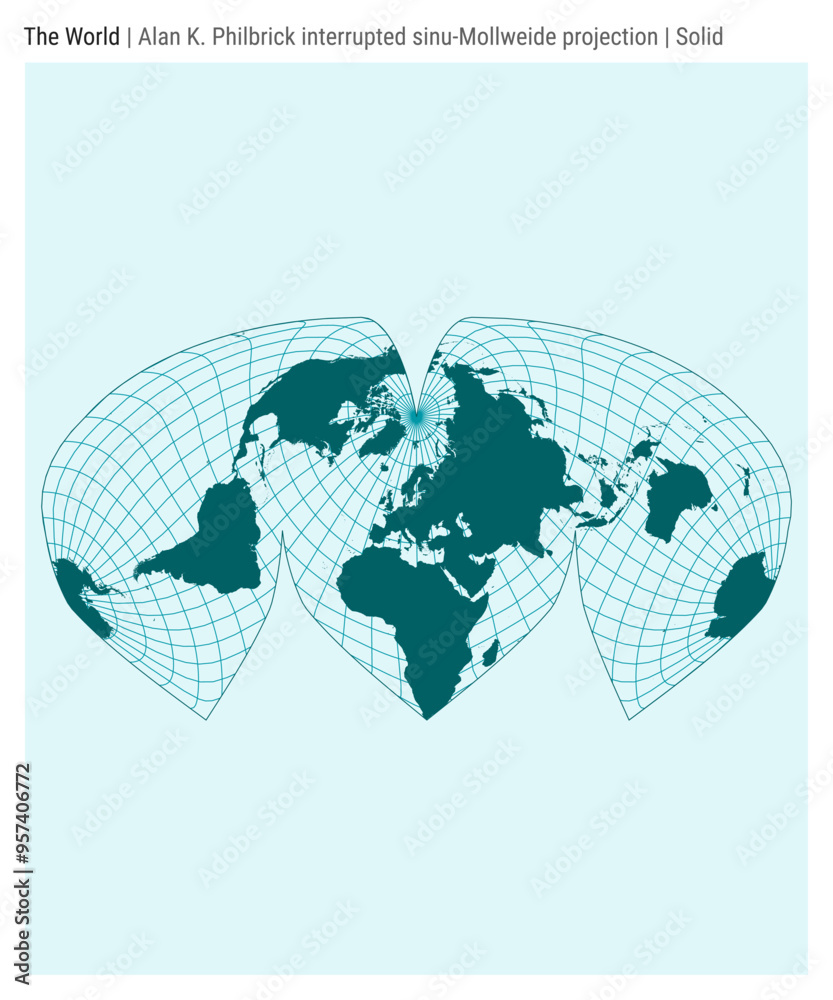World Map Alan K Philbrick Interrupted Sinu Mollweide Projection Solid Style High Detail