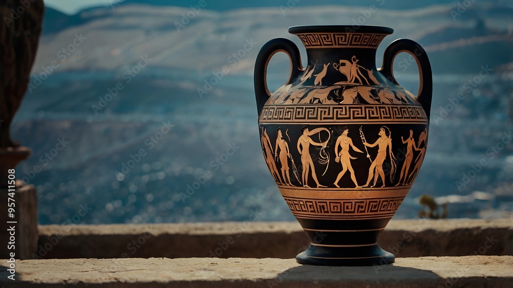 Detailed ancient Greek amphora vase painted with scenes from Greek ...