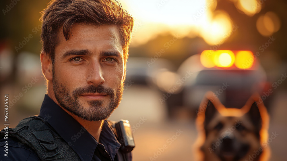 Handsome young policeman with his loyal German Shepherd police dog ...