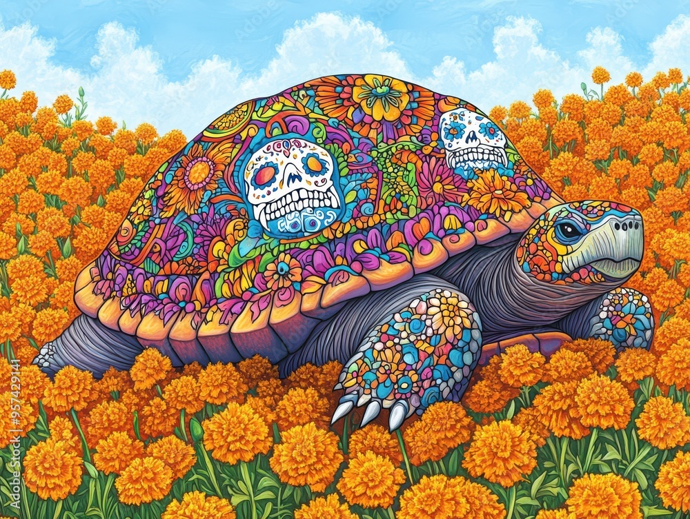 Vibrant Dia de los Muertos Turtle Art with Sugar Skulls and Marigolds ...