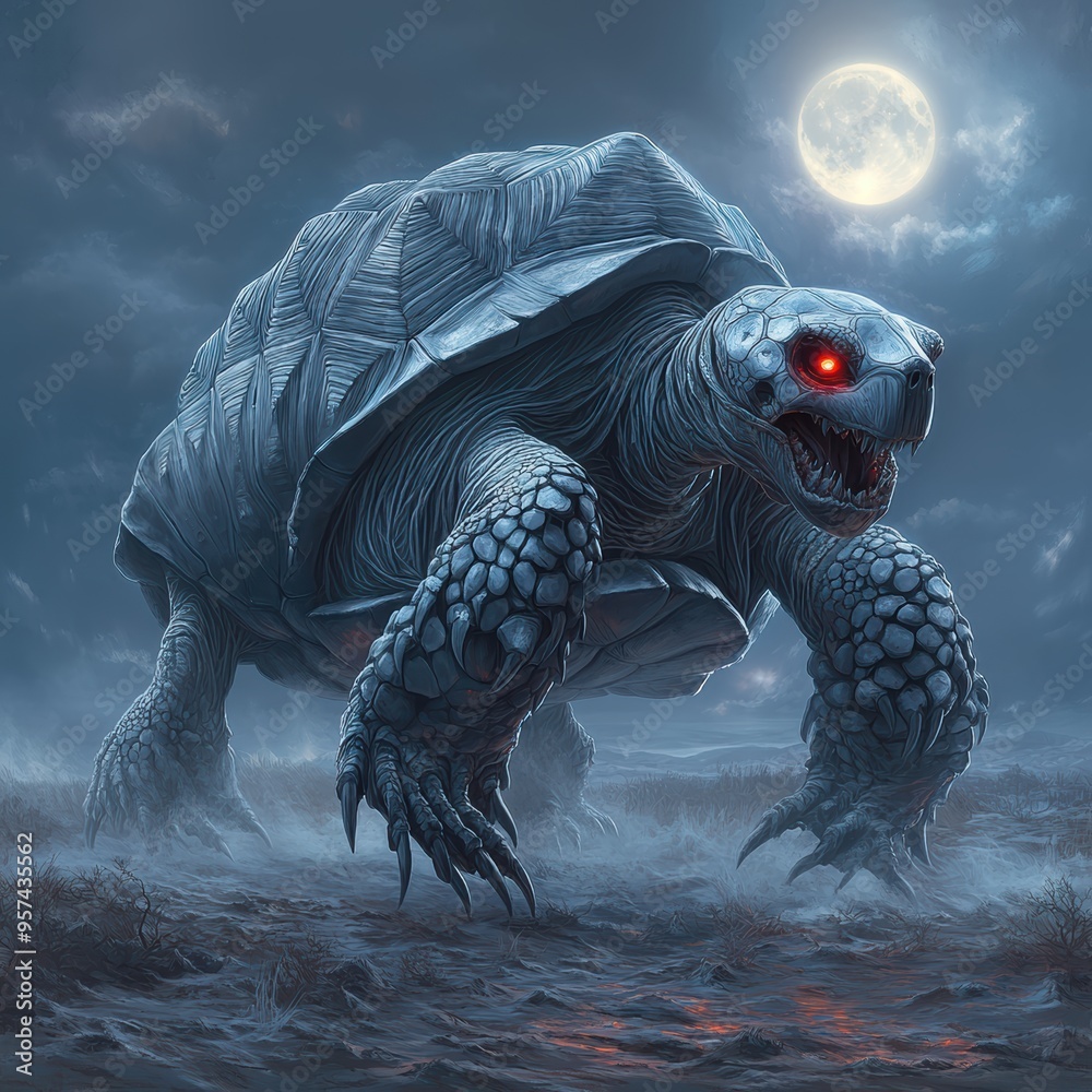 Terrifying Giant Monster Turtle with Glowing Red Eyes Roaming Under a ...
