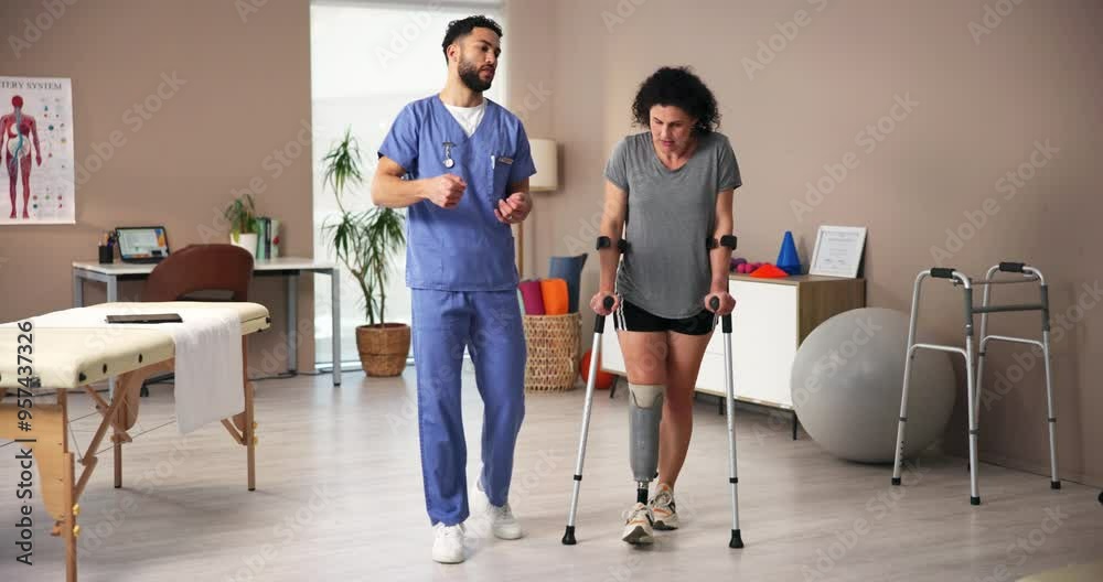 Physical therapy, crutches and woman with prosthetic leg for walking ...