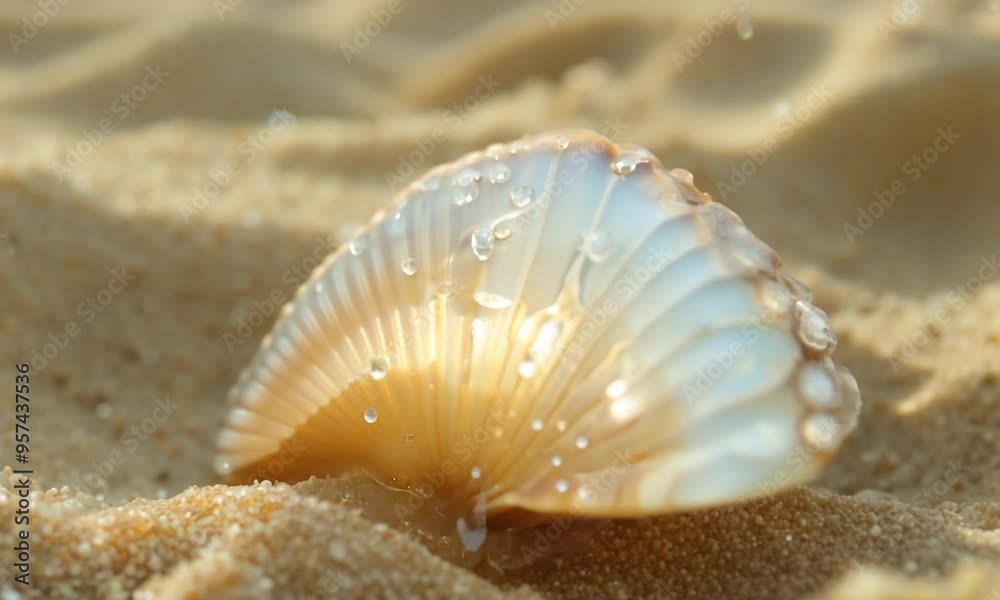 The camera focuses on the intricate spirals of a seashell lying on a ...