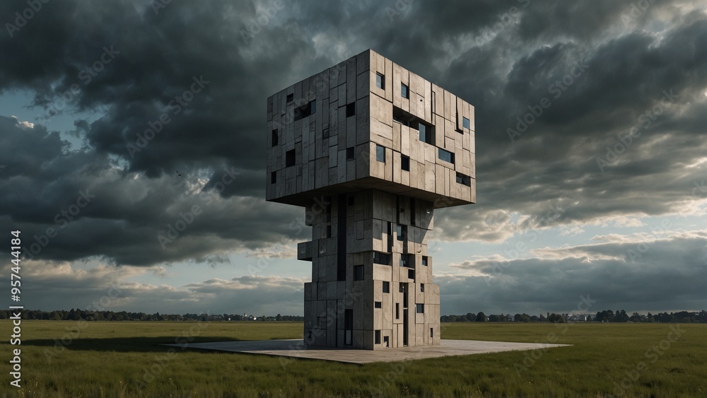 An absurdist square with a floating building at the center, set against ...