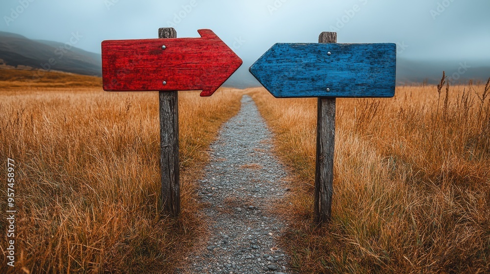 Red and blue signs in a natural outdoor setting, pointing in opposite ...