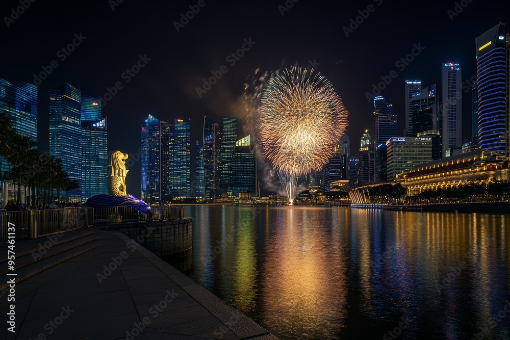 fireworks night view of Singapore skyline illuminated with National Day ...