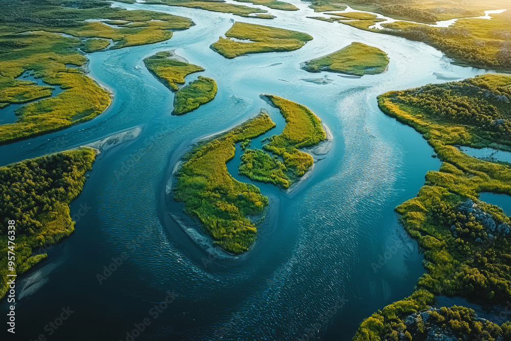 Aerial capture of a tranquil river delta with branching waterways and ...