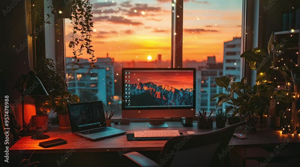 Modern room with computer monitor on a sleek table, offering a clean ...