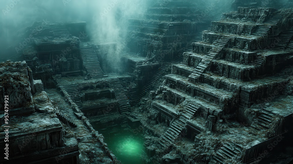 Mesmerizing Underwater Ancient Ruins Featuring Mysterious Illuminated ...