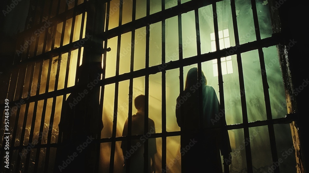 Shadows of figures behind bars in low light, representing themes of ...
