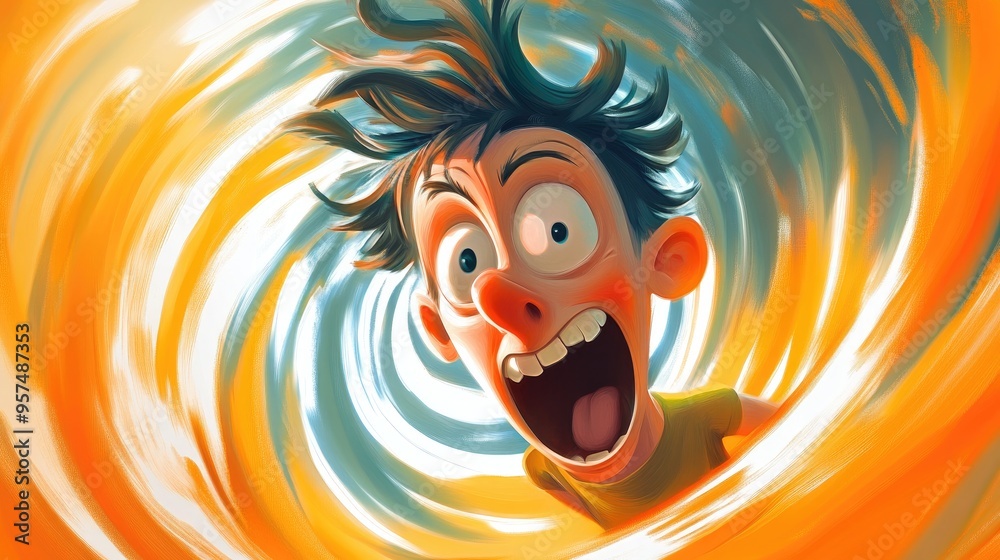 A funny cartoon character caught in a whirlwind, spinning around with ...