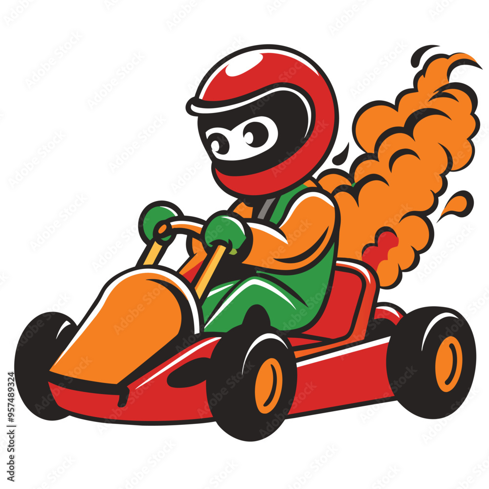 A cartoon racer wearing a helmet and racing suit speeds along a race ...