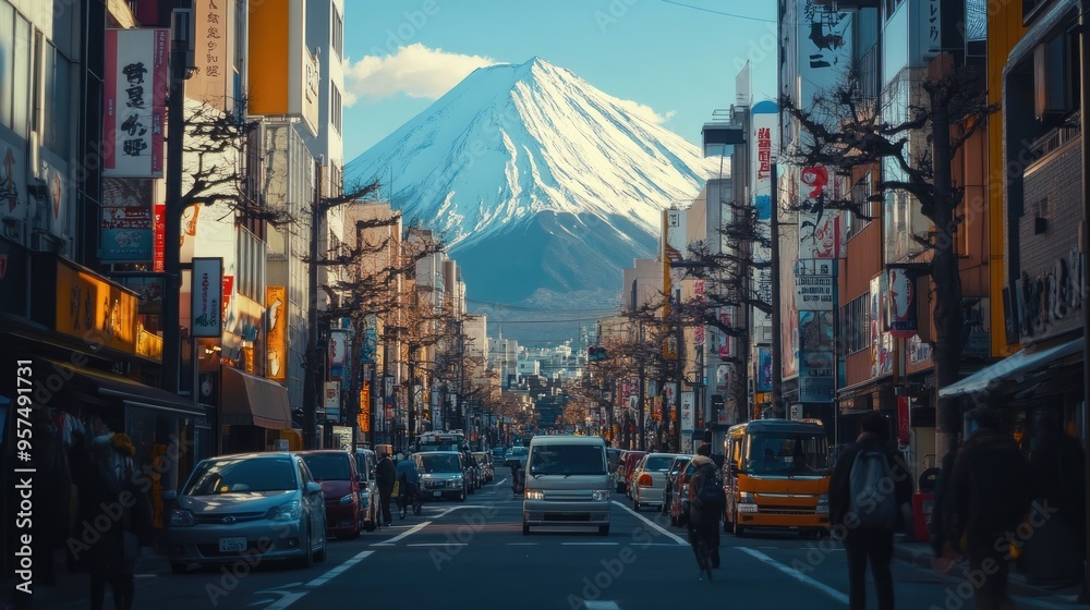 Mount Fuji seen from a bustling Tokyo street, symbolizing the ...