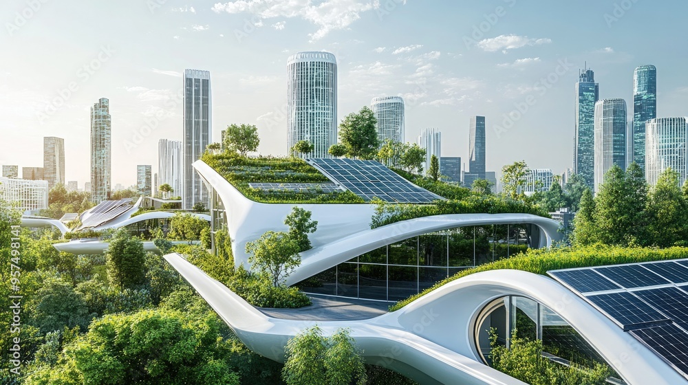 A futuristic building with a green rooftop garden and solar panels ...