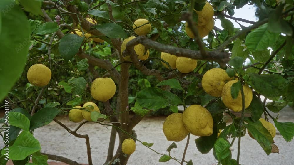 Lemon tree with ripe yellow lemons and green leaves in an outdoor ...