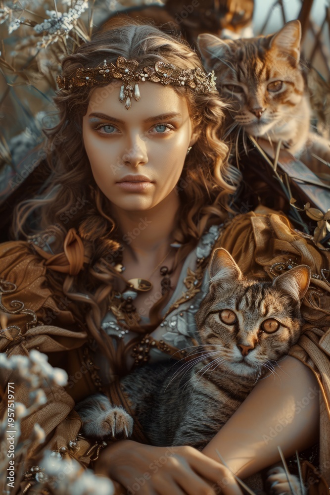 Freya, adorned in intricate golden attire, sits gracefully amidst a ...