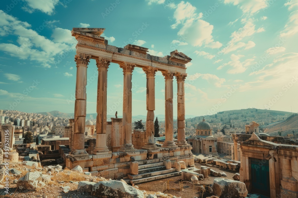 Beneath a vast, cloud-dotted sky, a solitary visitor admires the ...