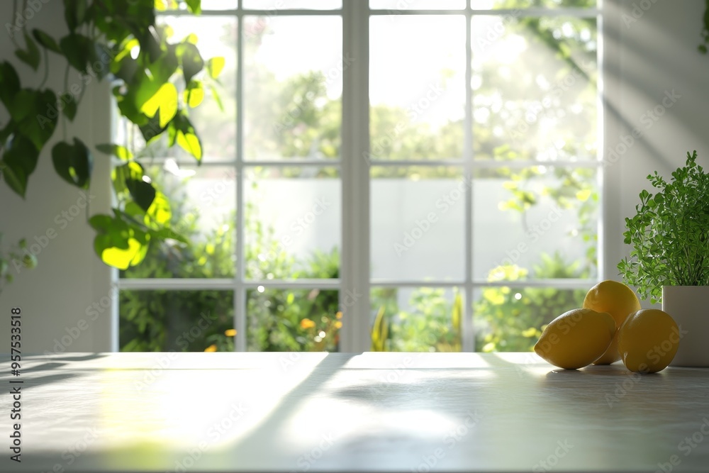 White table top with lemons and a plant in front of a window with ...