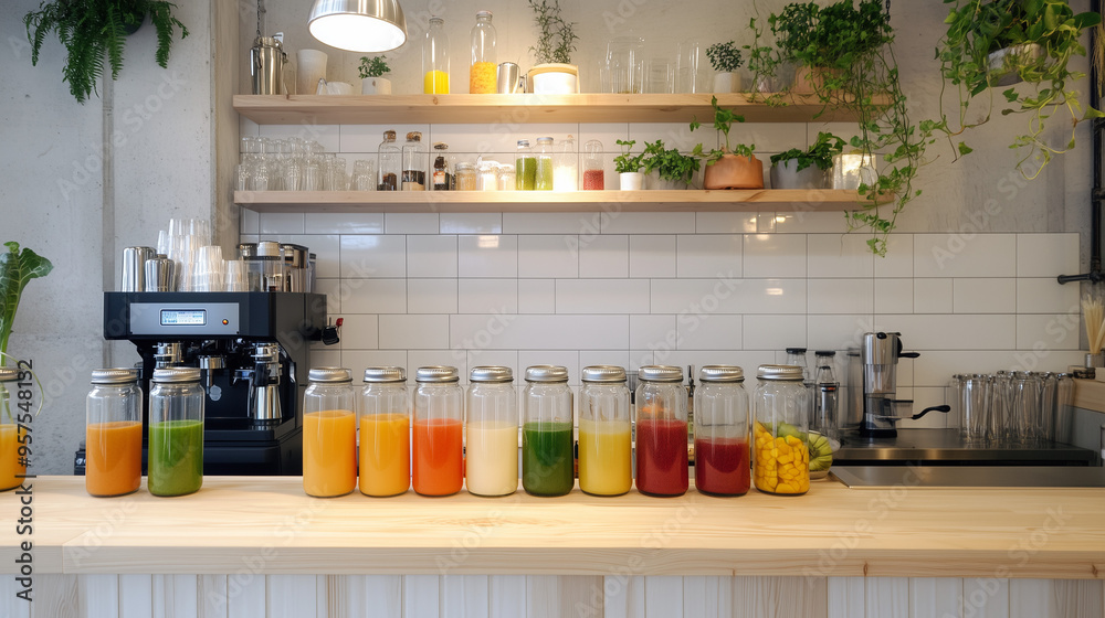 Cozy kitchen or juice bar with a row of colorful juice jars on a wooden ...