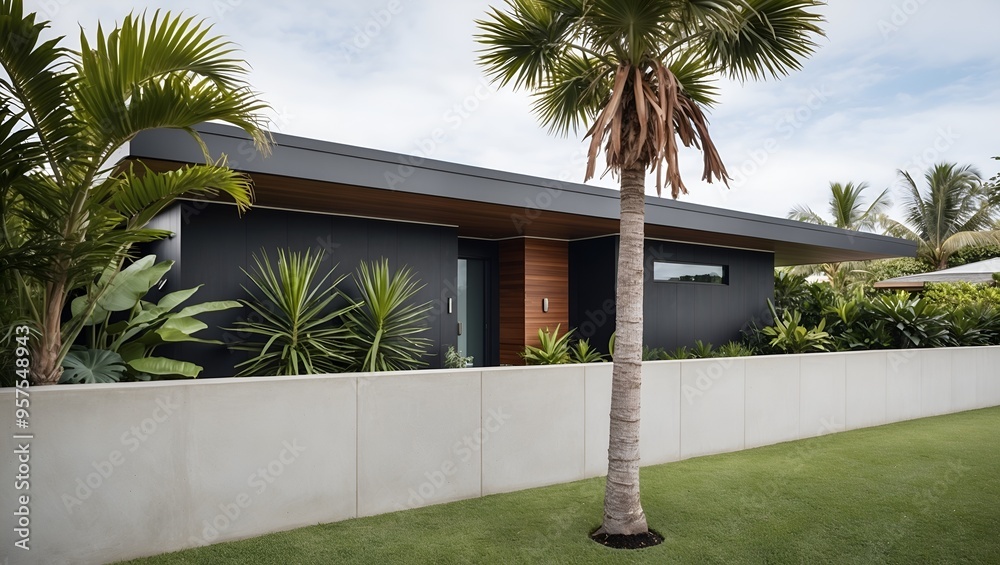 single-story house with a flat roof and a minimalist design. The ...
