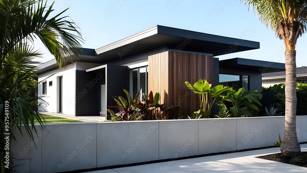 single-story house with a flat roof and a minimalist design. The ...