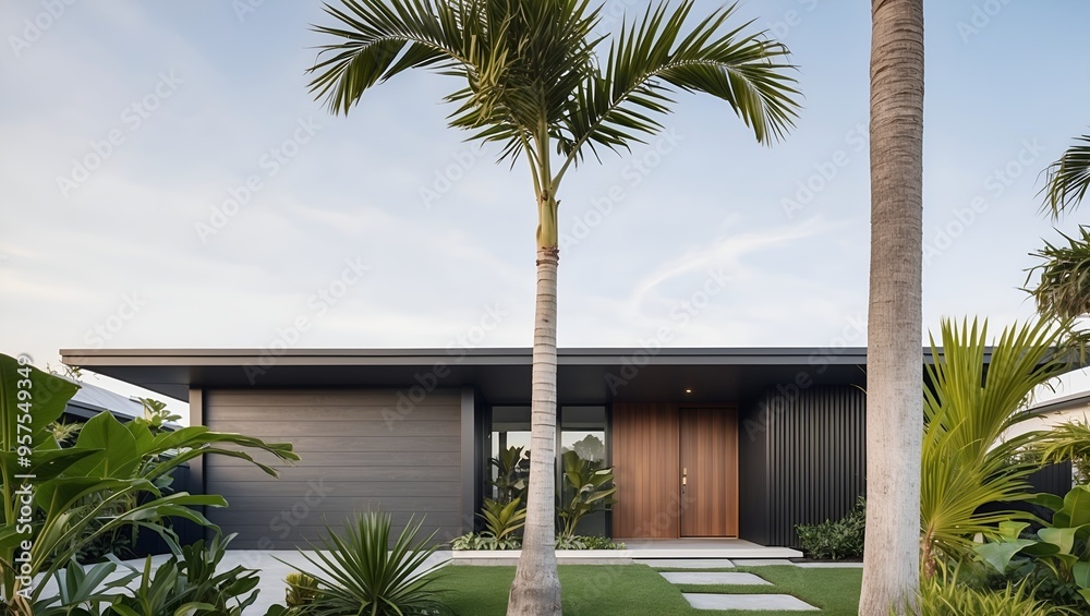 single-story house with a flat roof and a minimalist design. The ...