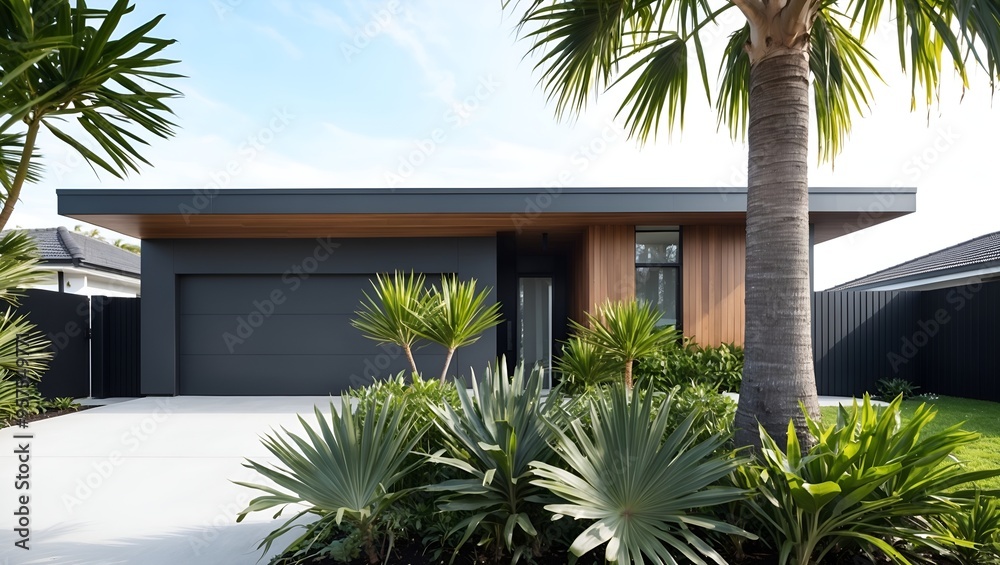 single-story house with a flat roof and a minimalist design. The ...