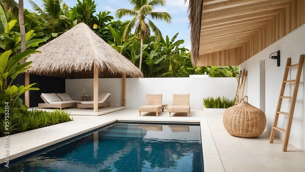 Serene outdoor setting featuring a tropical-style poolside area. The ...