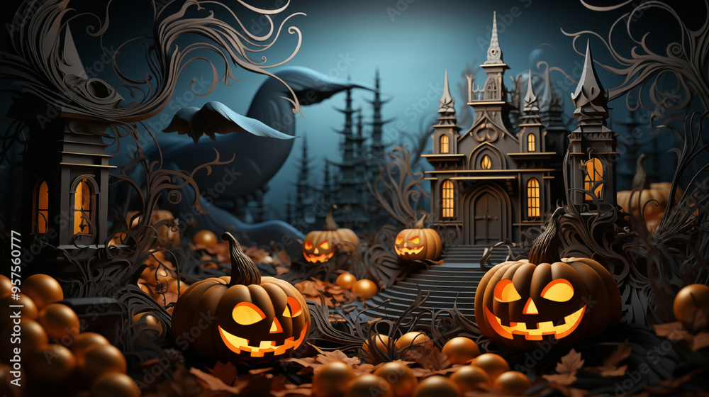 Halloween scene with carved pumpkins and spooky mansions in paper art ...