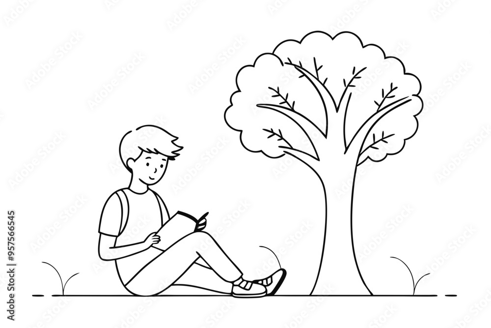 Single Line Drawing of a Young Student Reading a Book Under a Tree ...