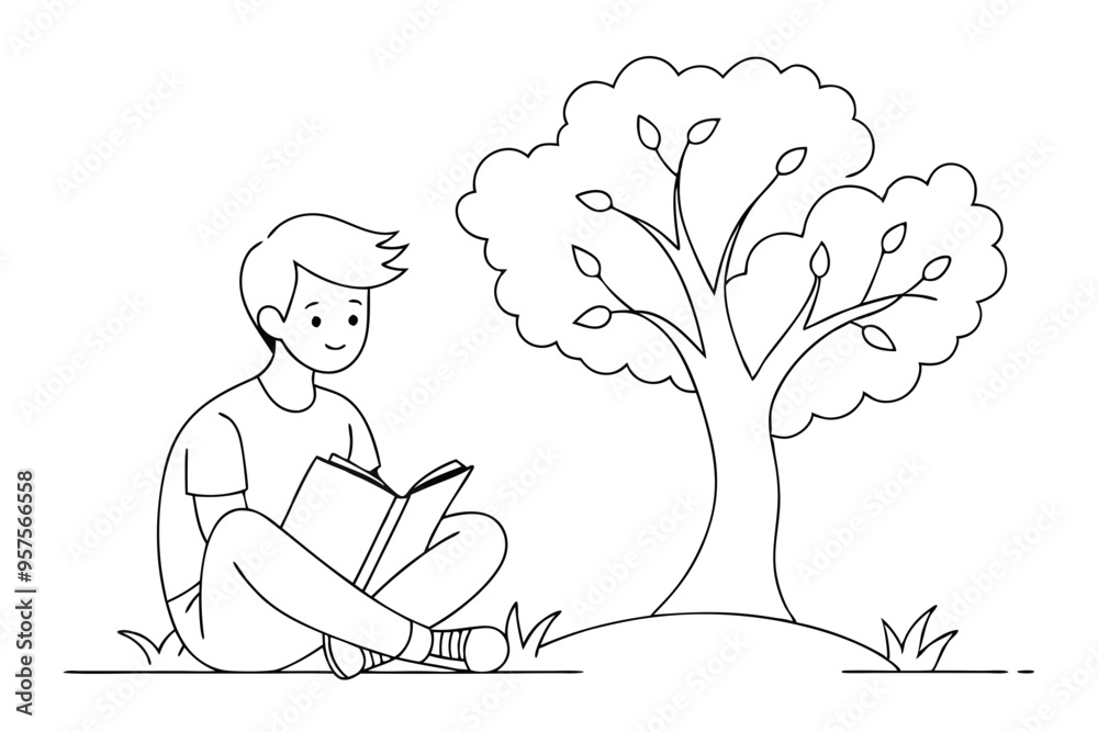 Single Line Drawing of a Young Student Reading a Book Under a Tree ...