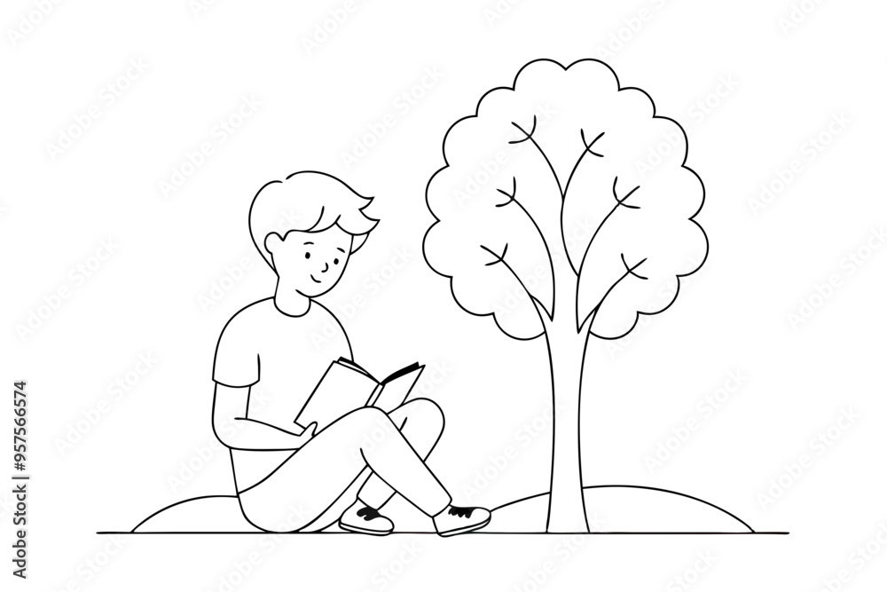 Single Line Drawing of a Young Student Reading a Book Under a Tree ...