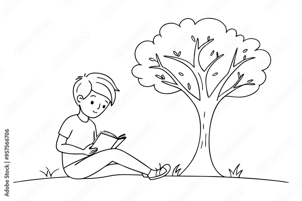Single Line Drawing of a Young Student Reading a Book Under a Tree ...