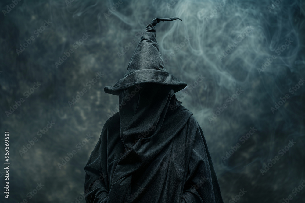 Dark Warlock Costume with Pointy Hat and Black Robes for Halloween ...