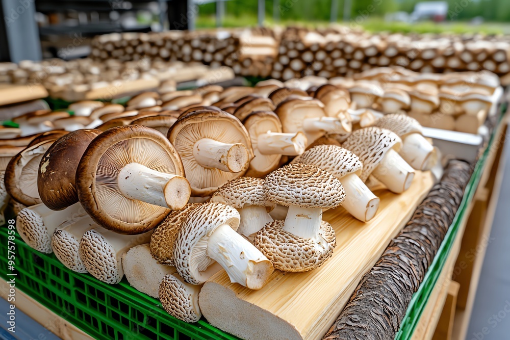 Mushroom Farm Portobello, Logs, and Organic depicted in an organic farm ...