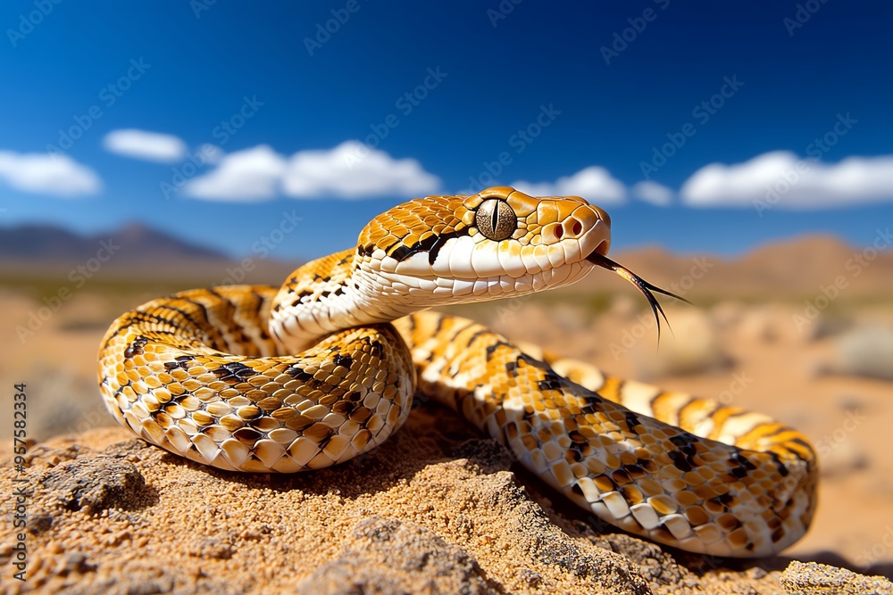 Snake Rattlesnake, Desert, and Striking shown in a barren desert ...