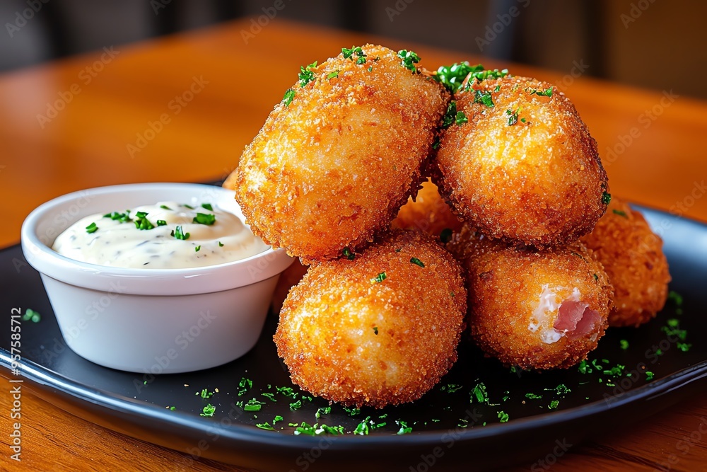 Tapas bite of croquetas de jamÃ³n (ham croquettes), depicted in an ...