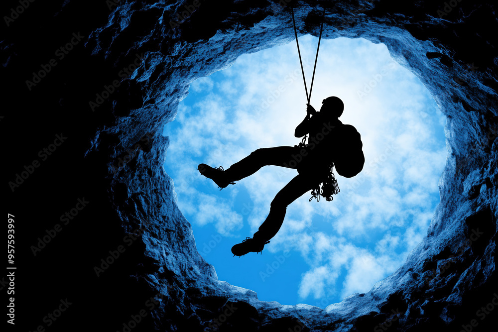 Silhouette of Climber Descending into Deep Cave: Adventurous silhouette ...