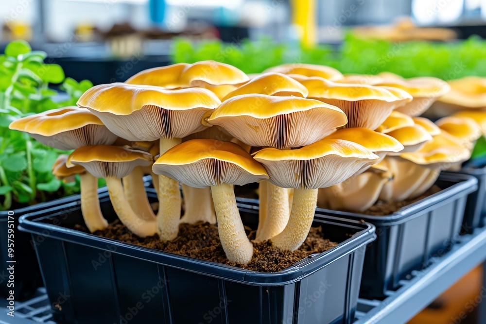 Mushroom Farm Mycelium, Trays, and Indoor shown in an indoor farm where ...
