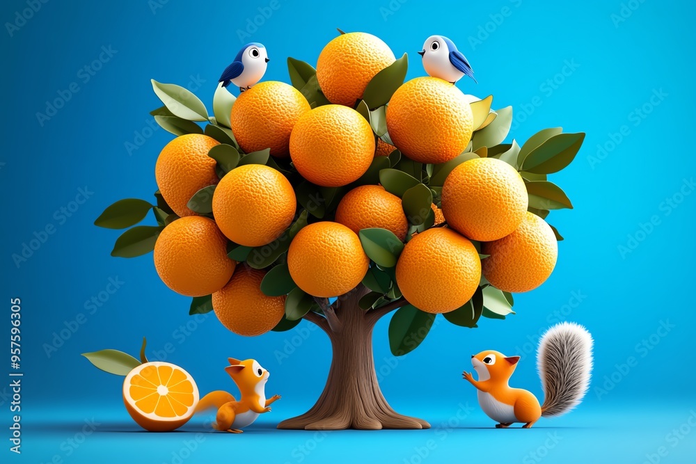 Orange tree in a childrenâ€™s storybook illustration with playful ...