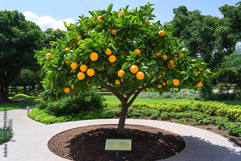 Orange tree in an educational botanical garden with information plaques ...