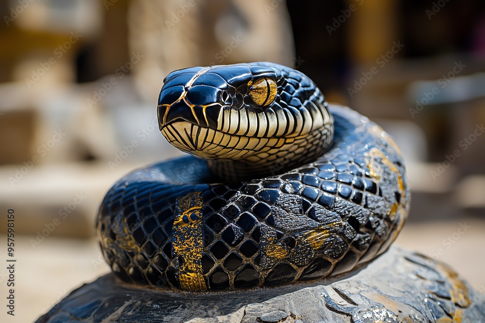 Snake Cobra, Black, and Sacred depicted in an ancient temple where a ...
