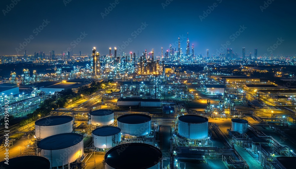 Oil and gas refinery infrastructure with storage tanks and price chart ...