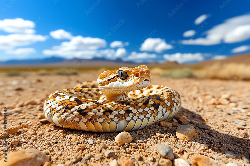 Snake Rattlesnake, Desert, and Striking shown in a barren desert landscape where a rattlesnake ...