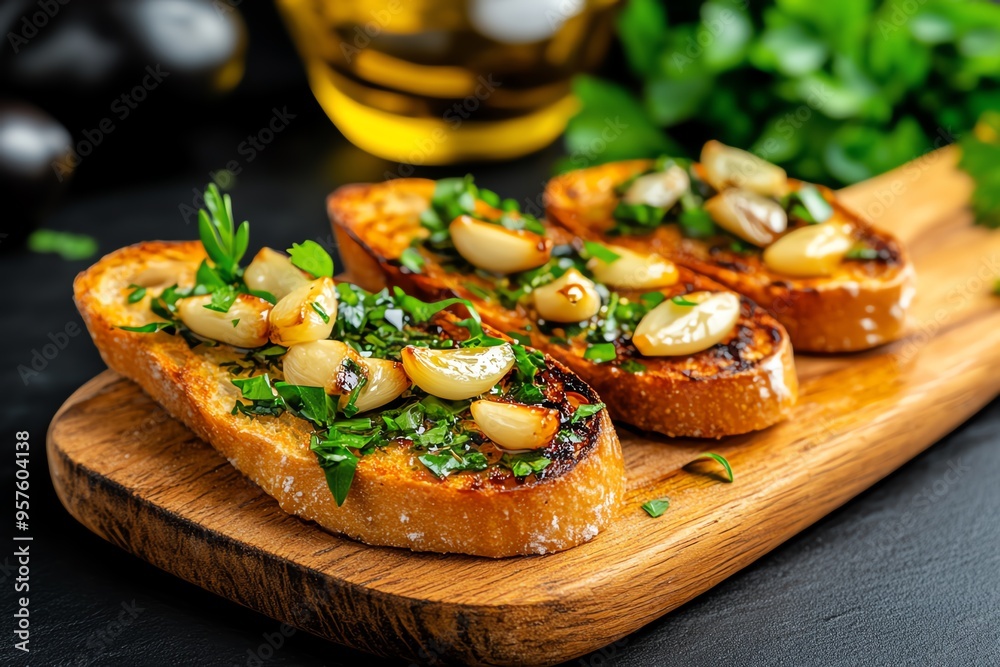 Tapas bite of roasted garlic and herb bruschetta, illustrated in a ...